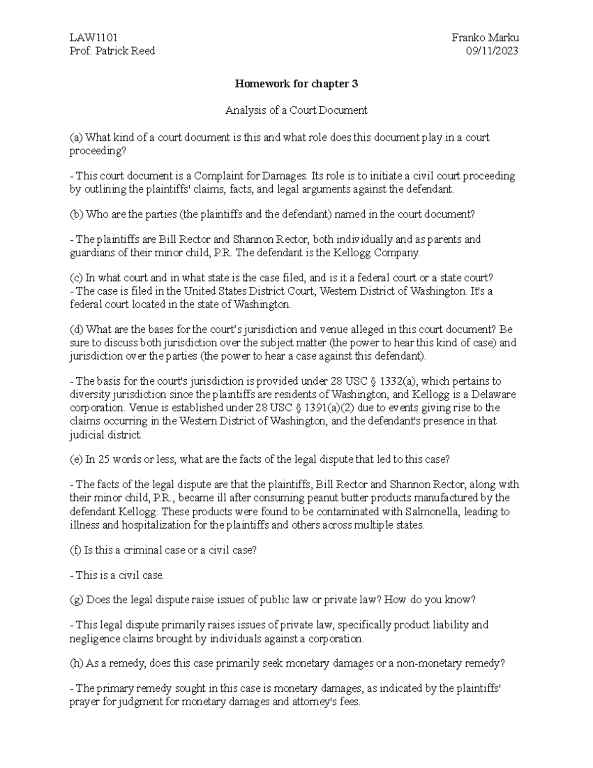 LAW1101 Homework Analysis: Understanding Court Documents in Chapter 3 ...