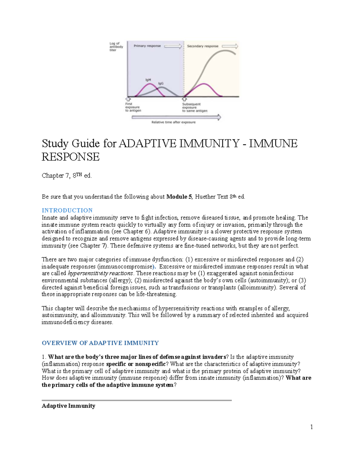 Study Guide: Adaptive Immunity & Immune Response (ADAPTIVE IMMUNITY ...
