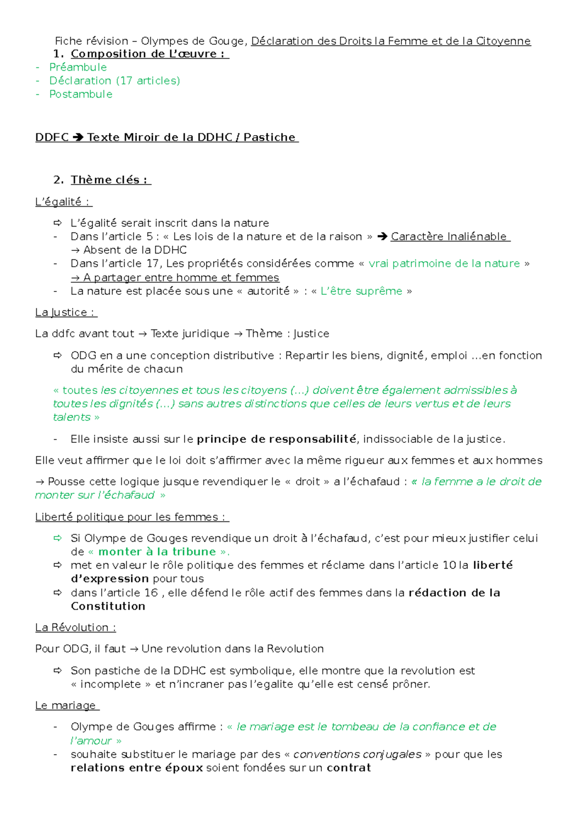 Fiche Révision DDFC : Olympe de Gouges et la Déclaration des Droits des ...