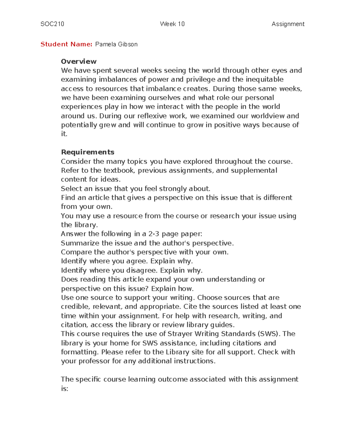 SOC210 Week 10 Reflexive Paper: Examining Perspectives and Growth - Studocu