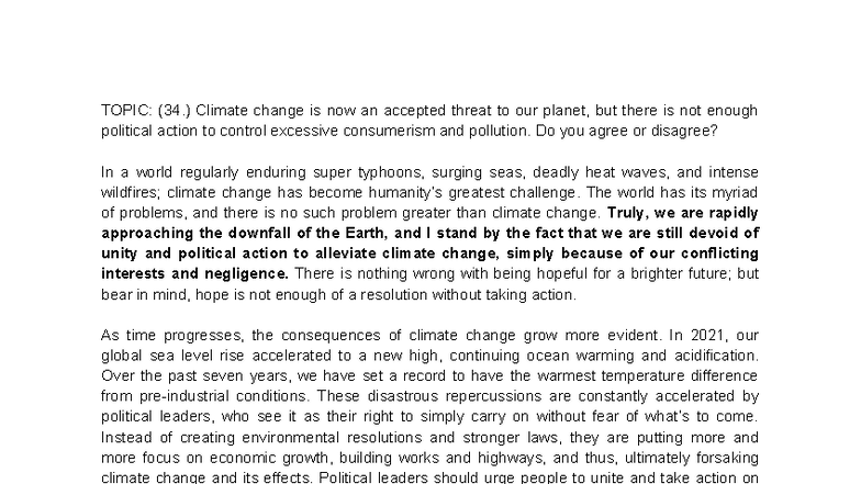 ENG 101: Argumentative Essay on Climate Change and Political Action ...