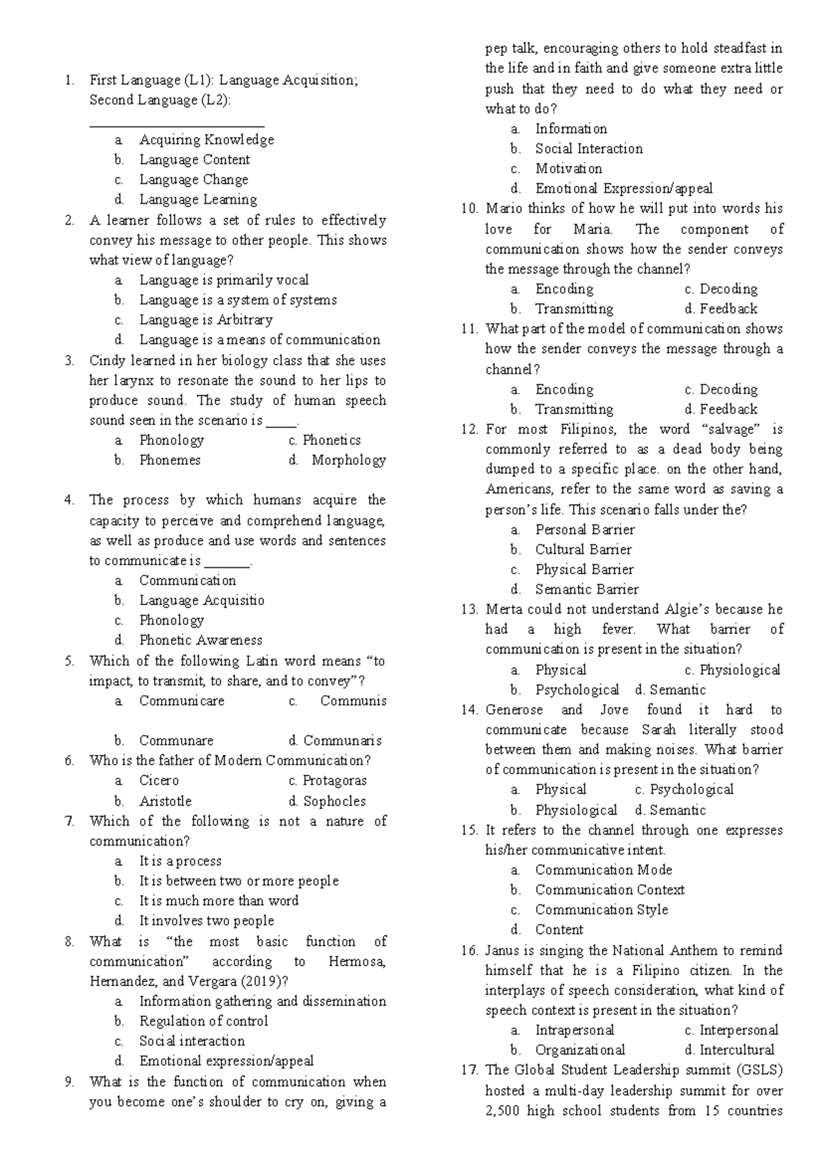 Comcla- Review 2: Language Acquisition and Communication Concepts - Studocu