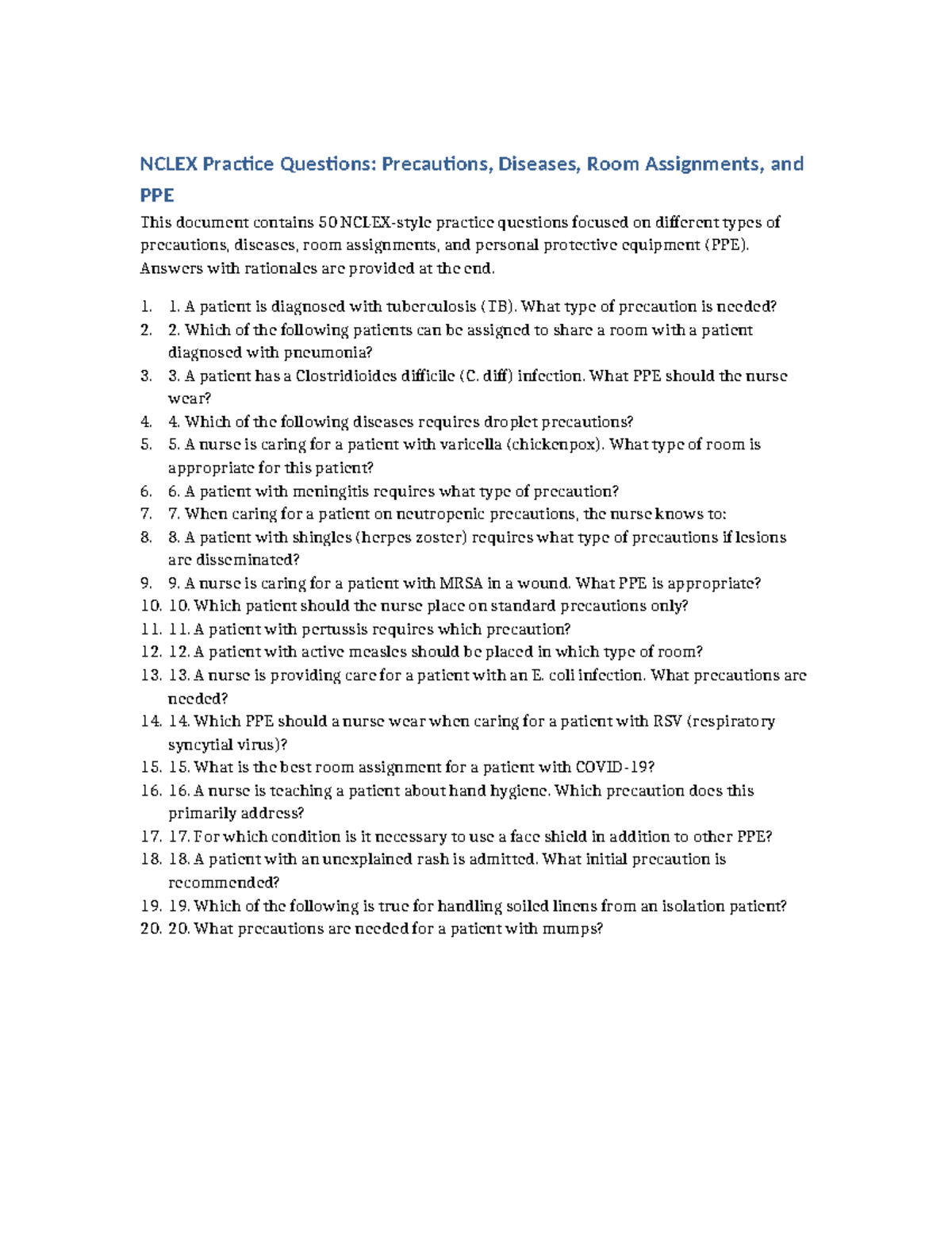 NCLEX Practice Qs on Precautions & PPE - 50 Questions Set - Studocu