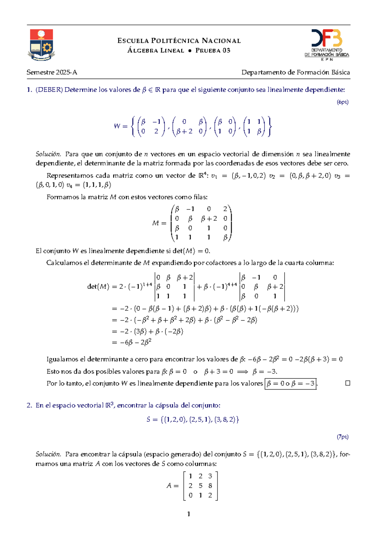 Prueba 03: Álgebra Lineal - Dependencia Lineal y Bases en R3 - Studocu