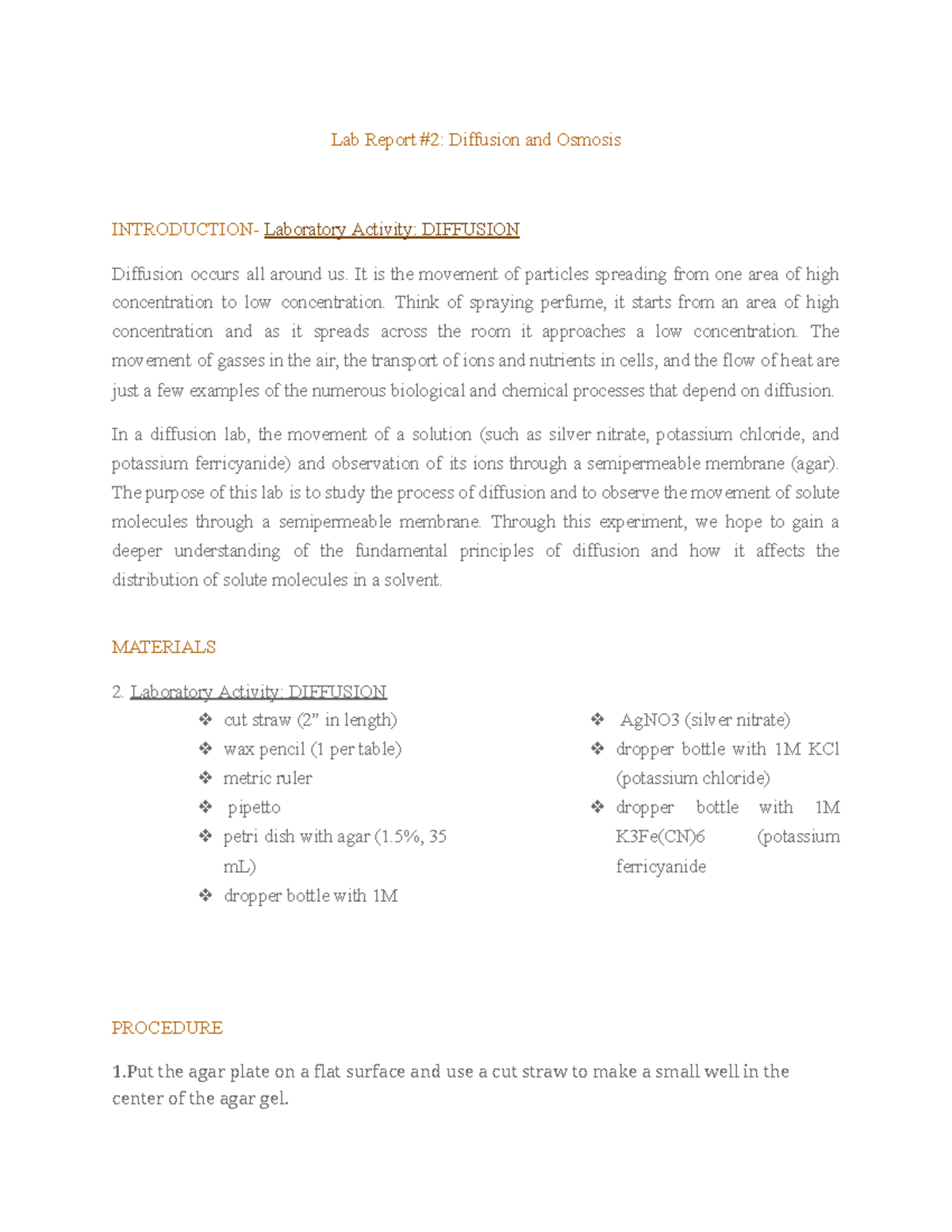 Lab Report #2: Understanding Diffusion and Osmosis in Cells - Studocu