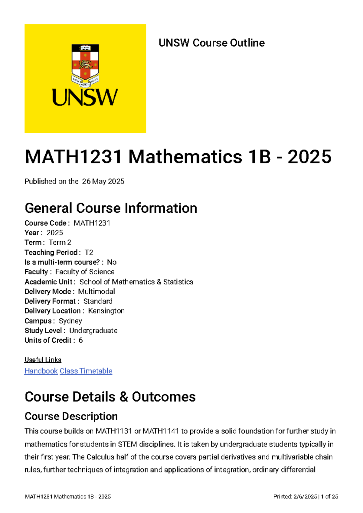 MATH1231 Mathematics 1B Course Outline for Term 2, 2025 at UNSW - Studocu