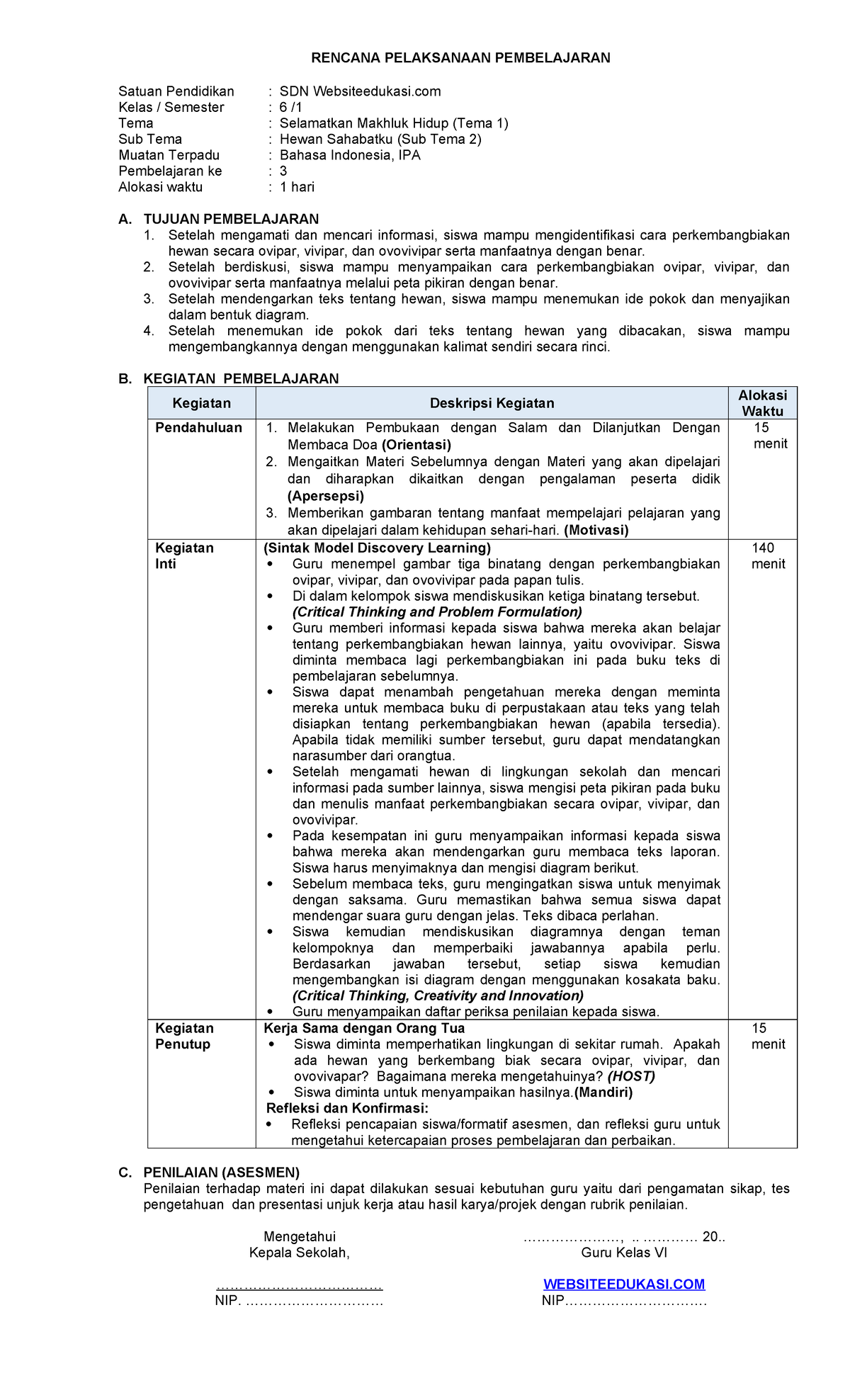 RPP Kelas 6 Kurikulum Merdeka: Pembelajaran Perkembangbiakan Hewan ...