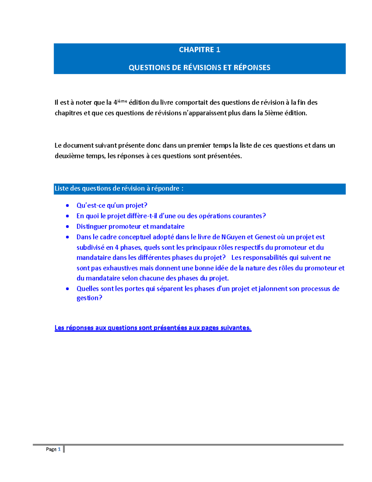 Révisions et Réponses au Chapitre 1 du Livre NGuyen et Genest 5e éd ...