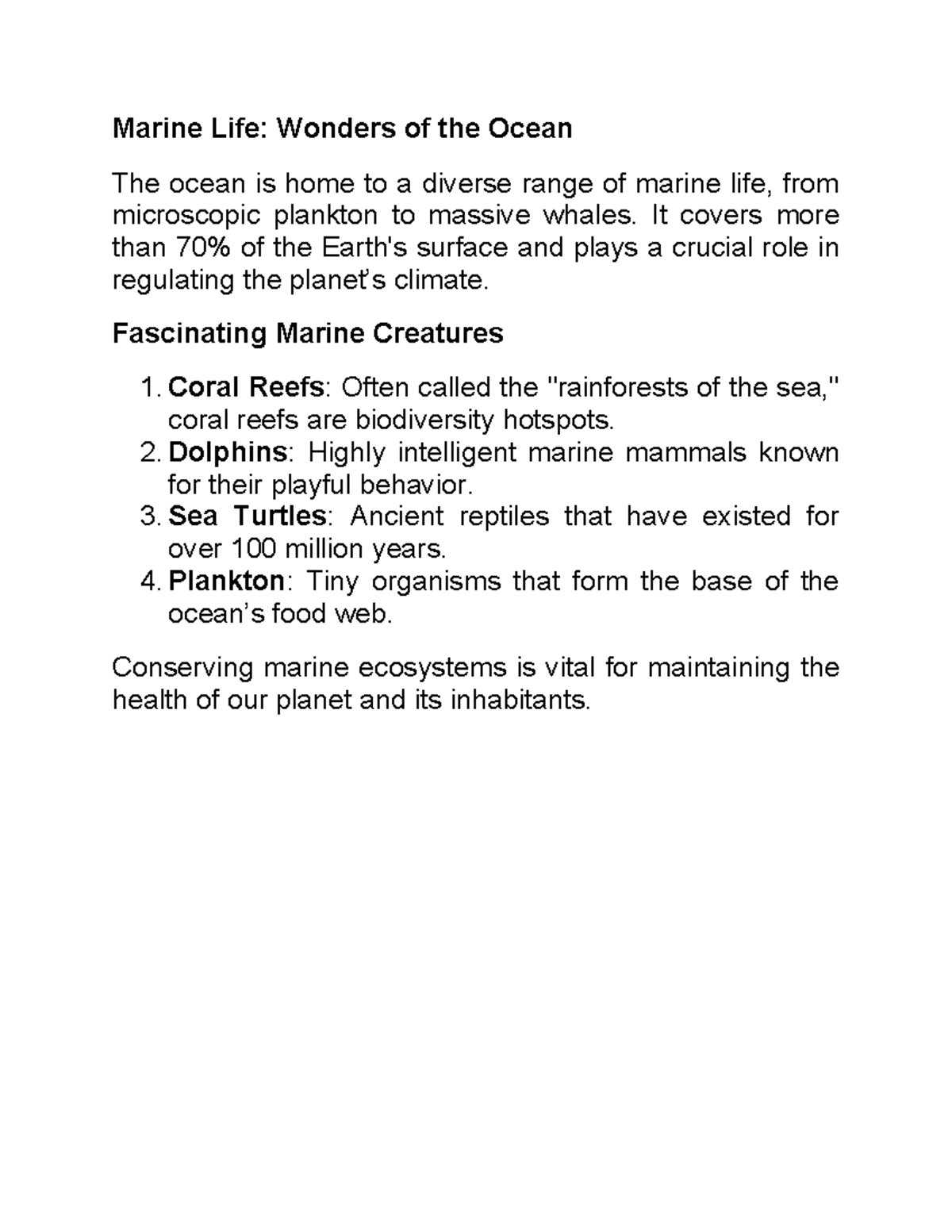 Marine Life Overview: Important Notes on Ocean Wonders - Studocu