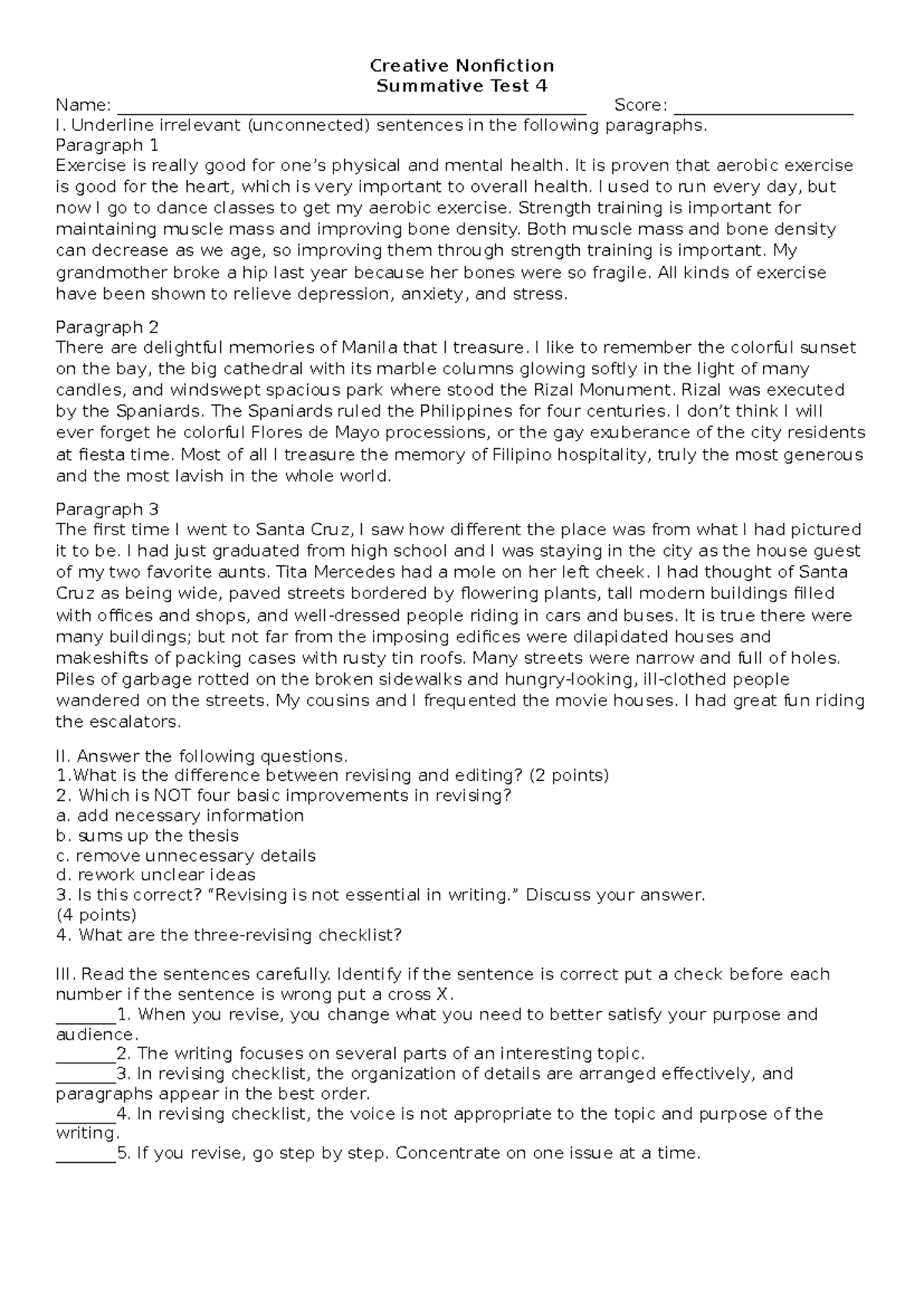 Week 4 Summative for the subject Creative Nonfiction for Grade 12 HUMSS ...