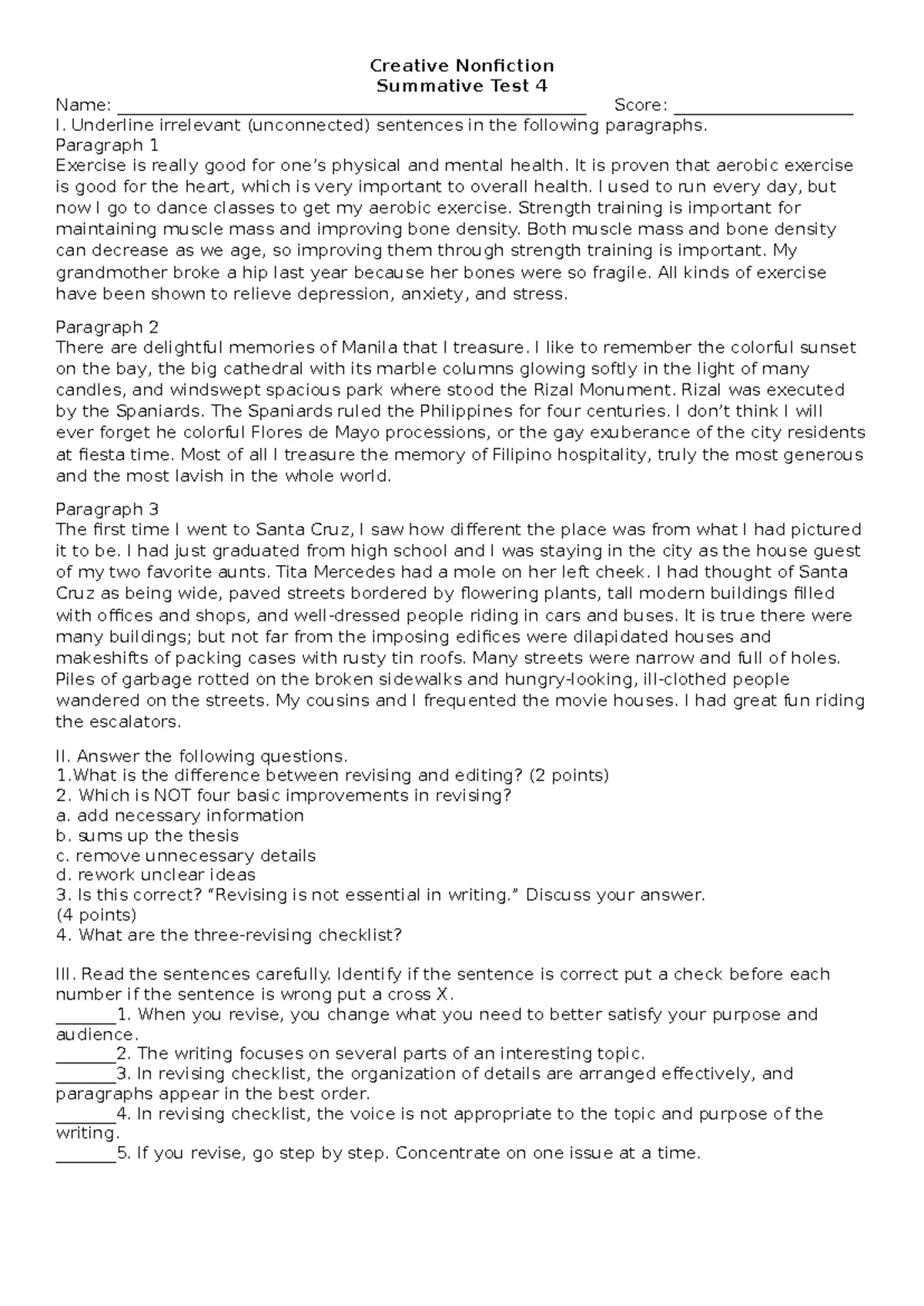 Grade 11 STEM & HUMSS 1: Patterns of Paragraph Development Worksheet ...