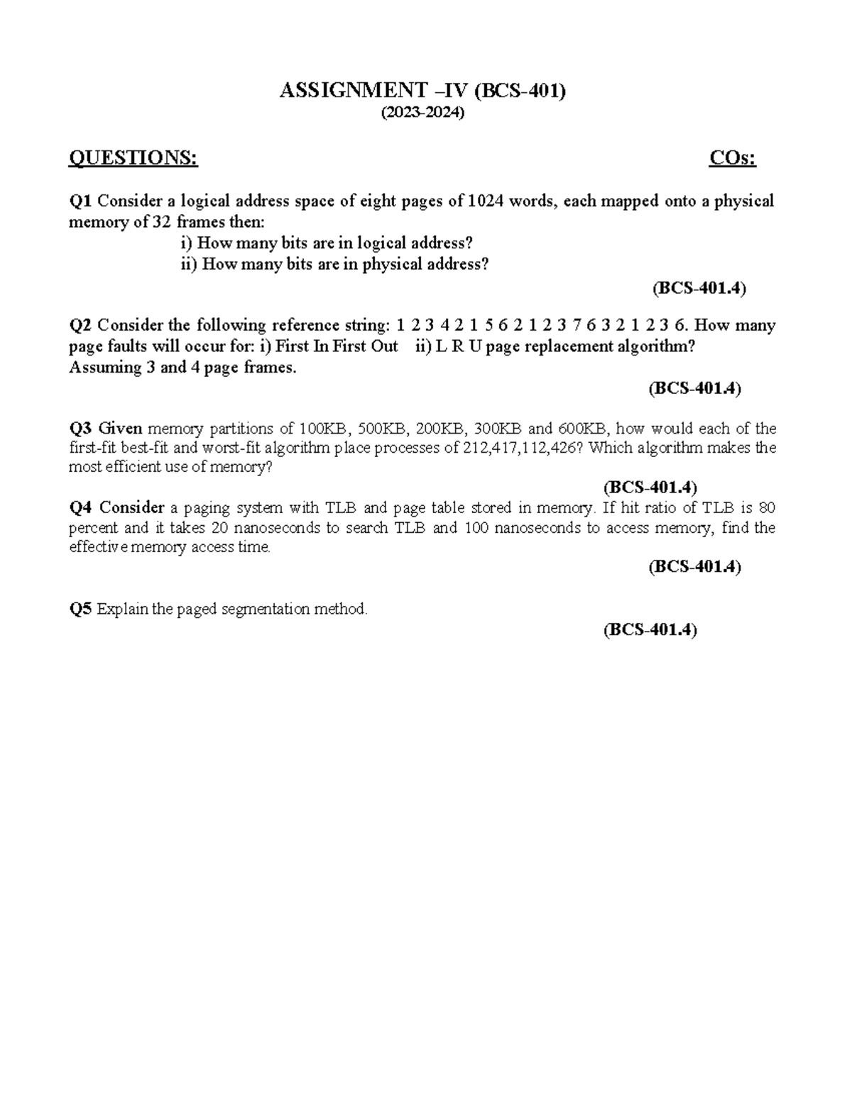 Assignment IV: Memory Management & Page Replacement (BCS-401) - Studocu