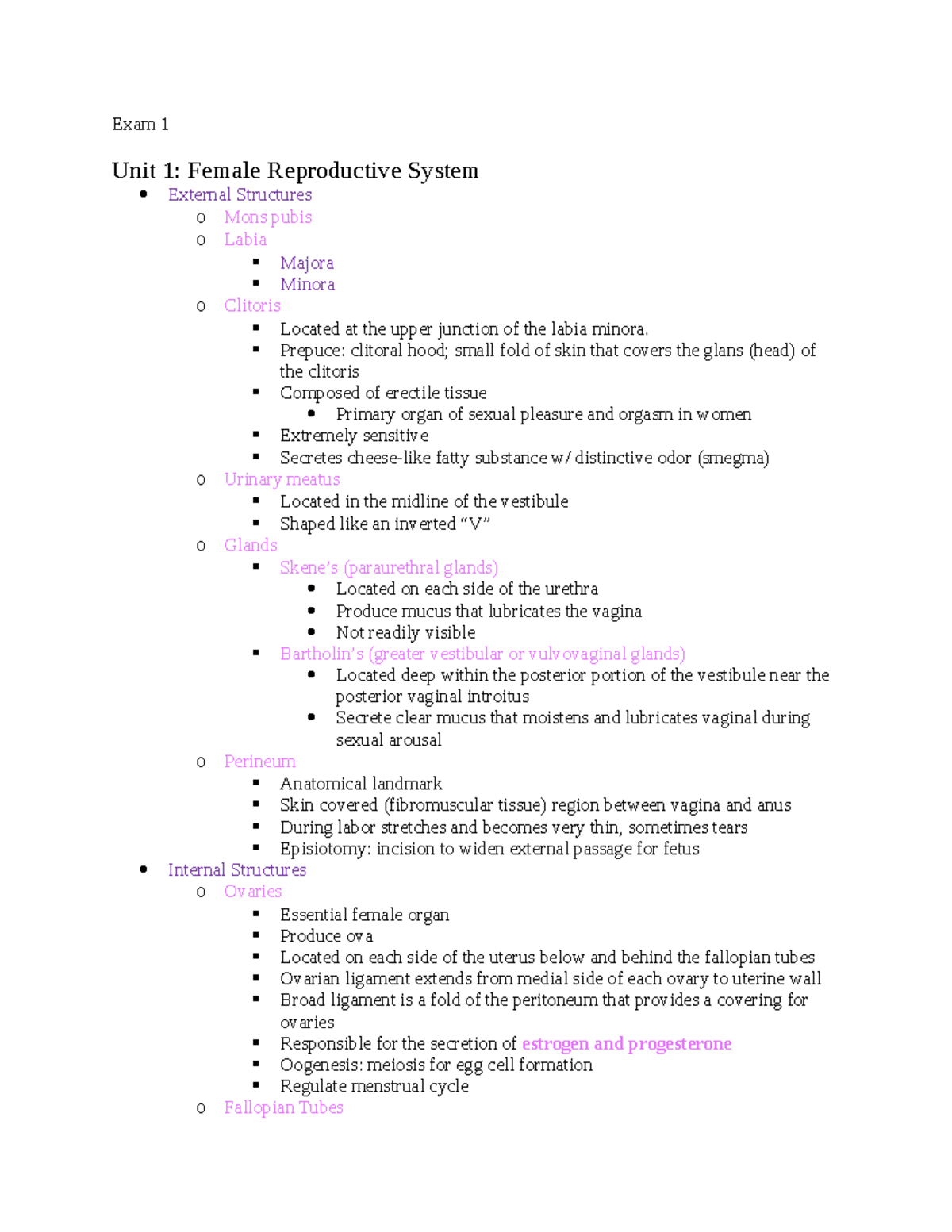 Exam 1 - Unit 1: Female Reproductive System Overview - Studocu
