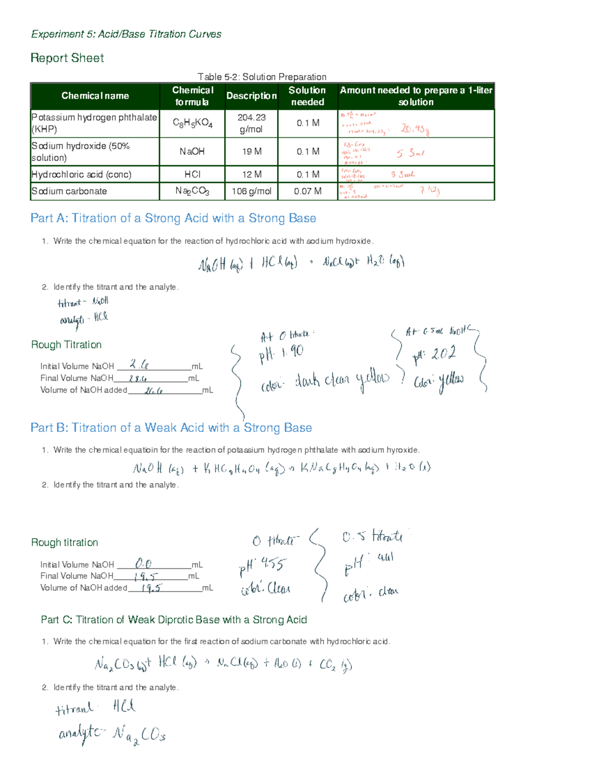 Experiment 5 Report Sheet - Experiment 5: Acid/Base Titration Curves Report Sheet Table 5-2 ...