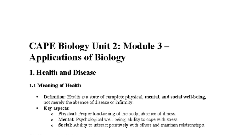 CAPE Biology Unit 2: Module 3 Health, Disease, and Immunology Insights ...