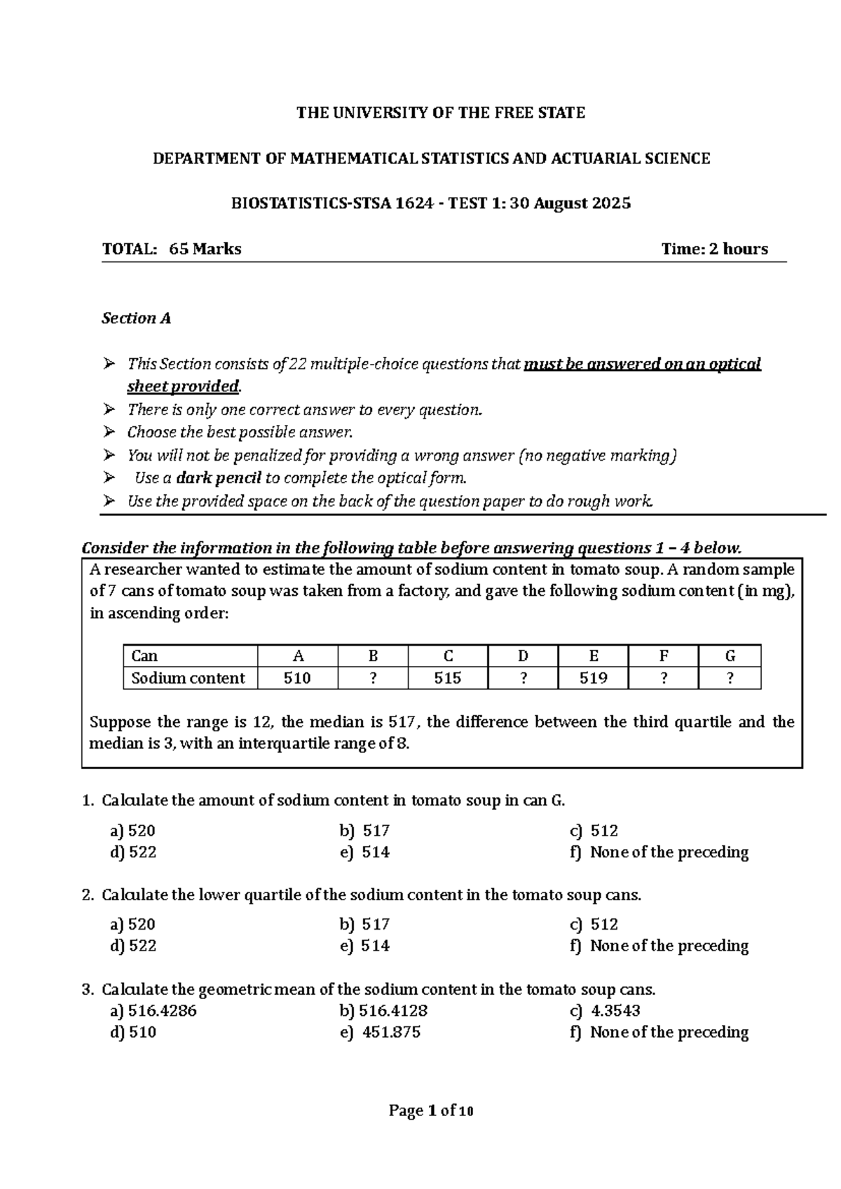 Test 1 - MATHEMATICAL STATISTICS 1624: 30 Aug 2025 - Studocu