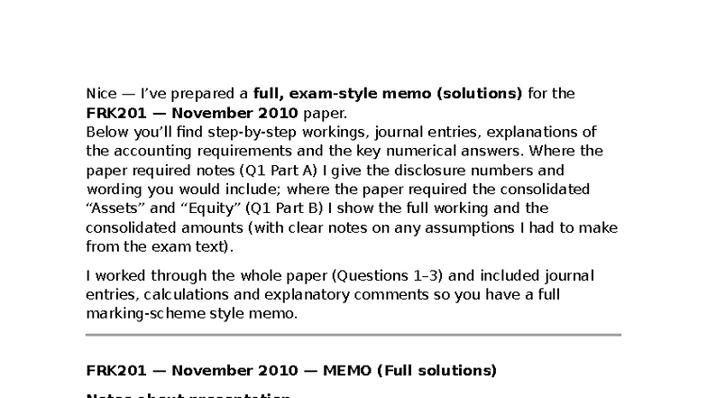 FRK201 November 2010 Memo: Comprehensive Solutions & Journal Entries ...