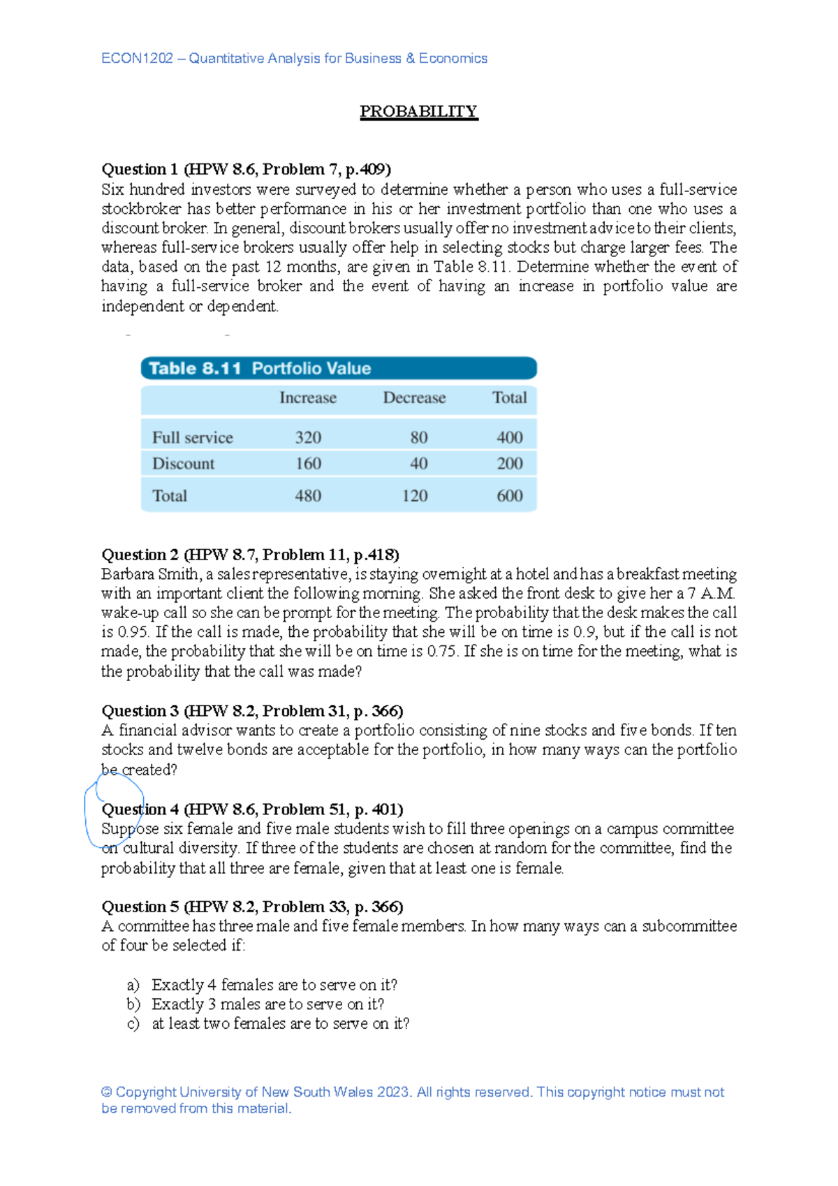 Probability - Extra tutorial - ECON1202 – Quantitative Analysis for ...
