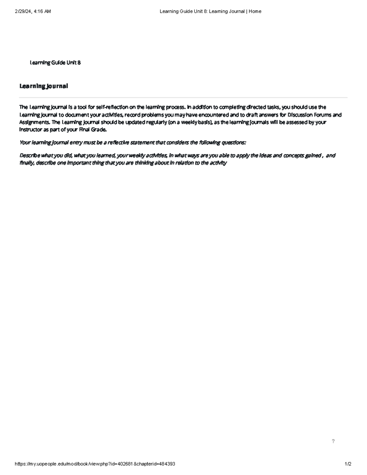 Learning Guide Unit 8: Home and Learning Journal Overview - Studocu