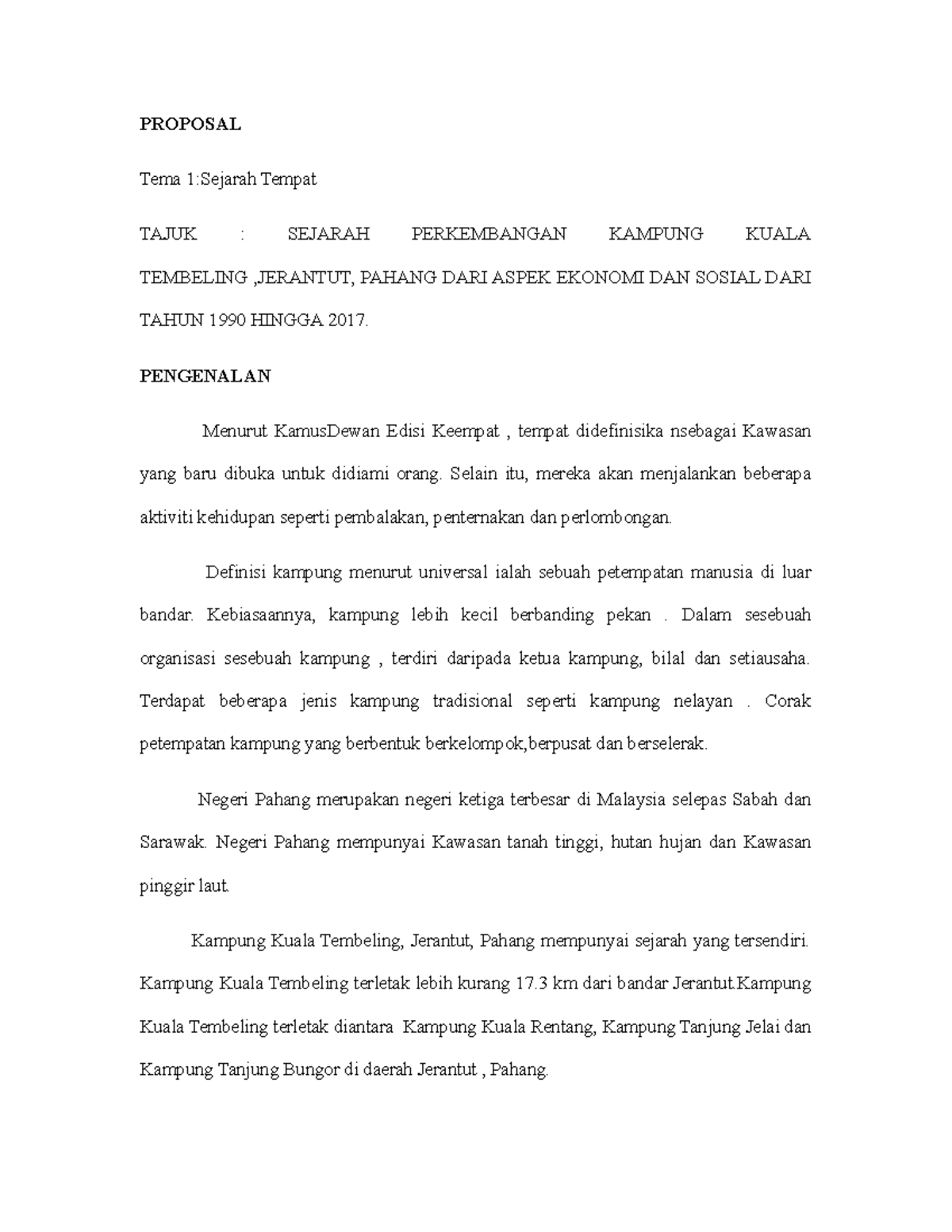 Kajian Ekonomi & Sosial Kampung Kuala Tembeling (1990-2017) - Studocu