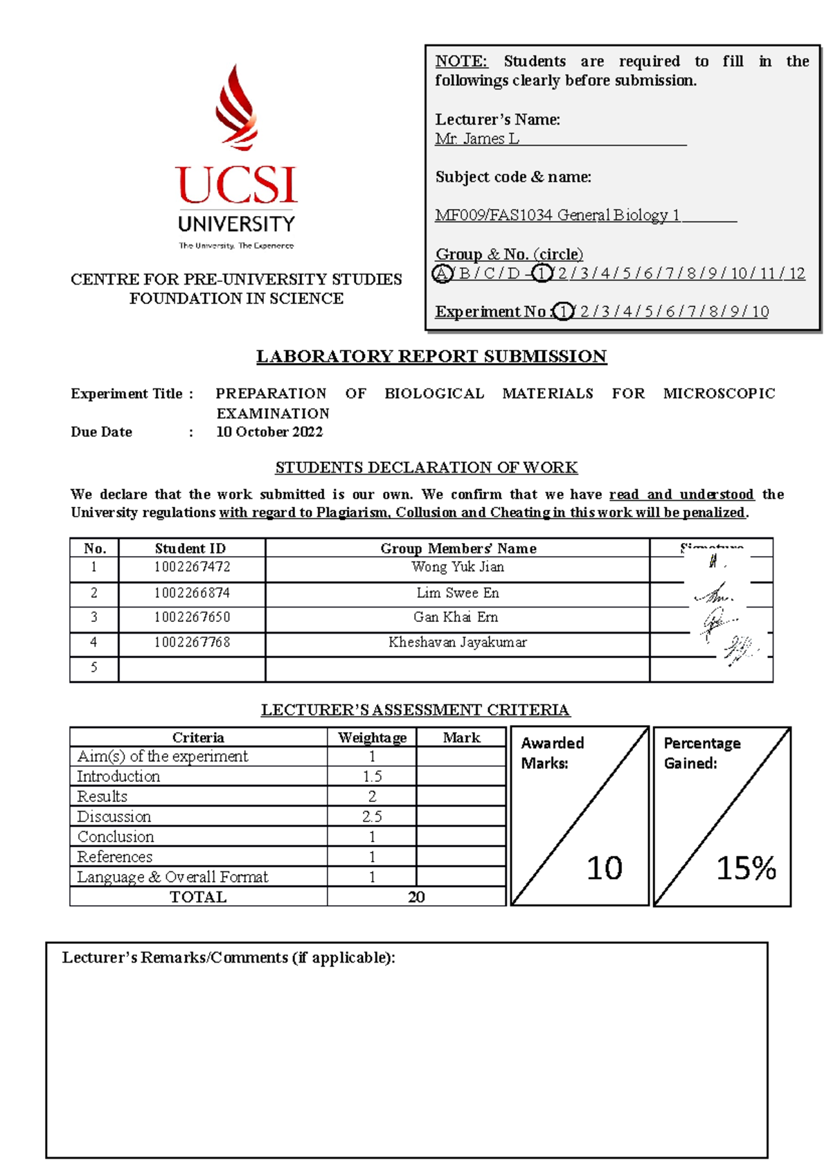 SEPT22 MF009 Genbio 1 Group A1 Lab Report on Microscopic Preparation ...