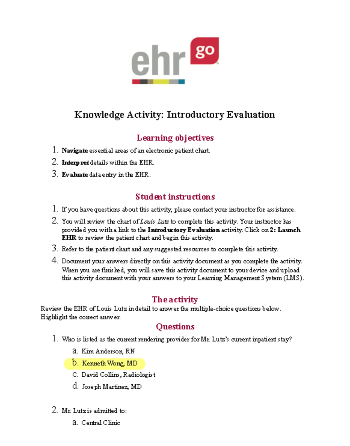 EHR Go 2: Activity on Health Info Terminology (Associate AK1008) - Studocu