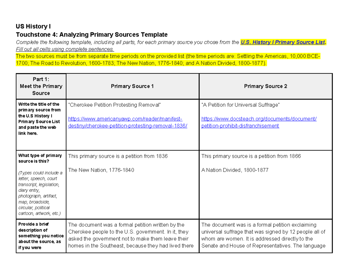 US History I Touchstone 4: Analyzing Primary Sources Template - Studocu