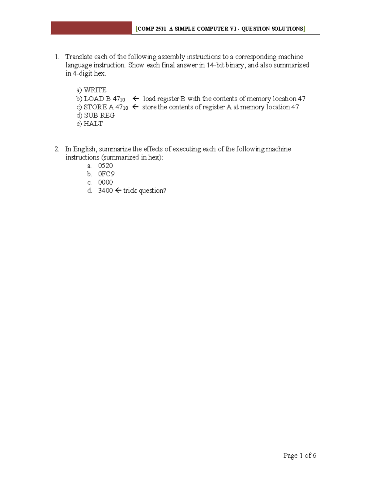 2531 SIMPLE COMPUTER V1 ASSEMBLY & MACHINE LANGUAGE SOLUTIONS - Studocu