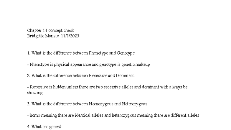 Ch 14 Concept Check: Genetics Overview for BSC1010C - Studocu