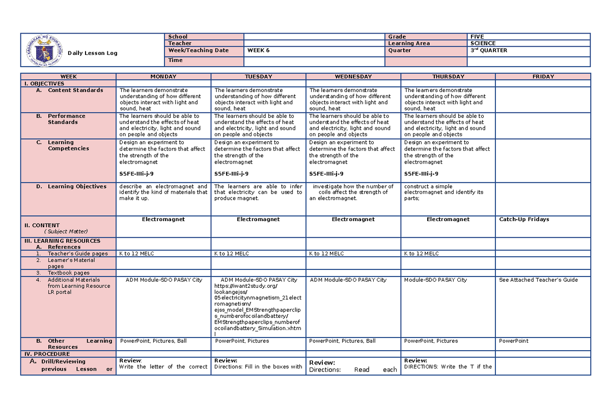 DLL Science 5-W6-Q3 - wef - Daily Lesson Log School Grade FIVE Teacher ...