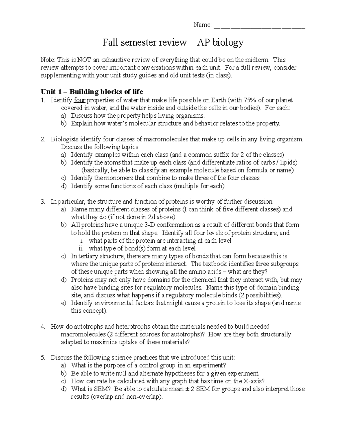 Fall Semester Review: AP Biology Midterm Study Guide - Studocu