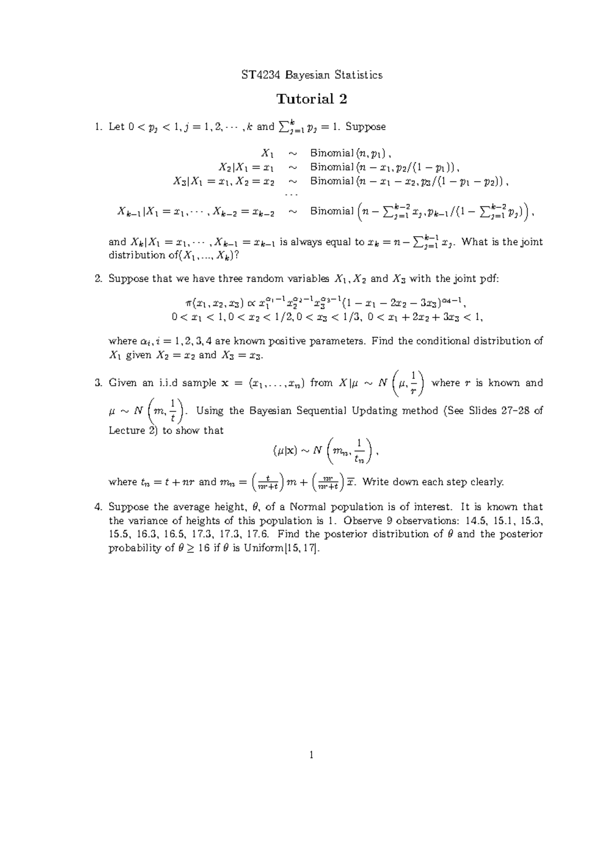 ST4234 Bayesian Statistics Tutorial 2: Joint & Conditional ...