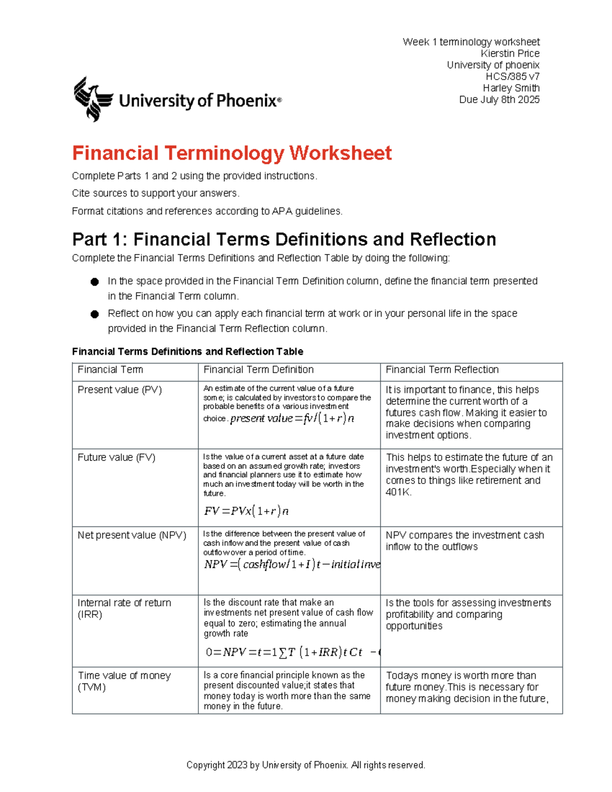 HCS385 v7 Week 1 Financial Terminology Worksheet - Studocu