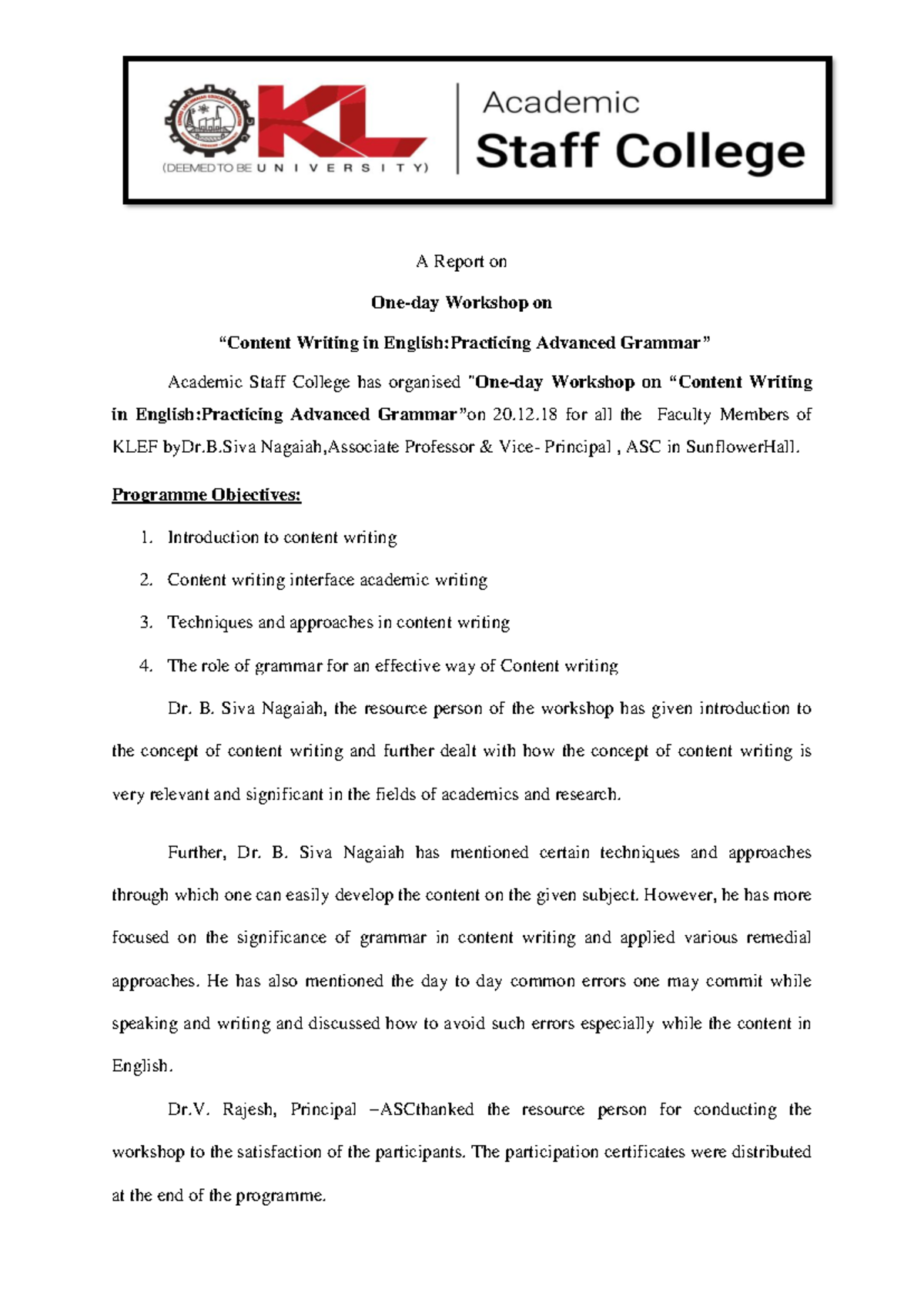 Report on Workshop: Writing in English for Faculty Members (20.12.18 ...