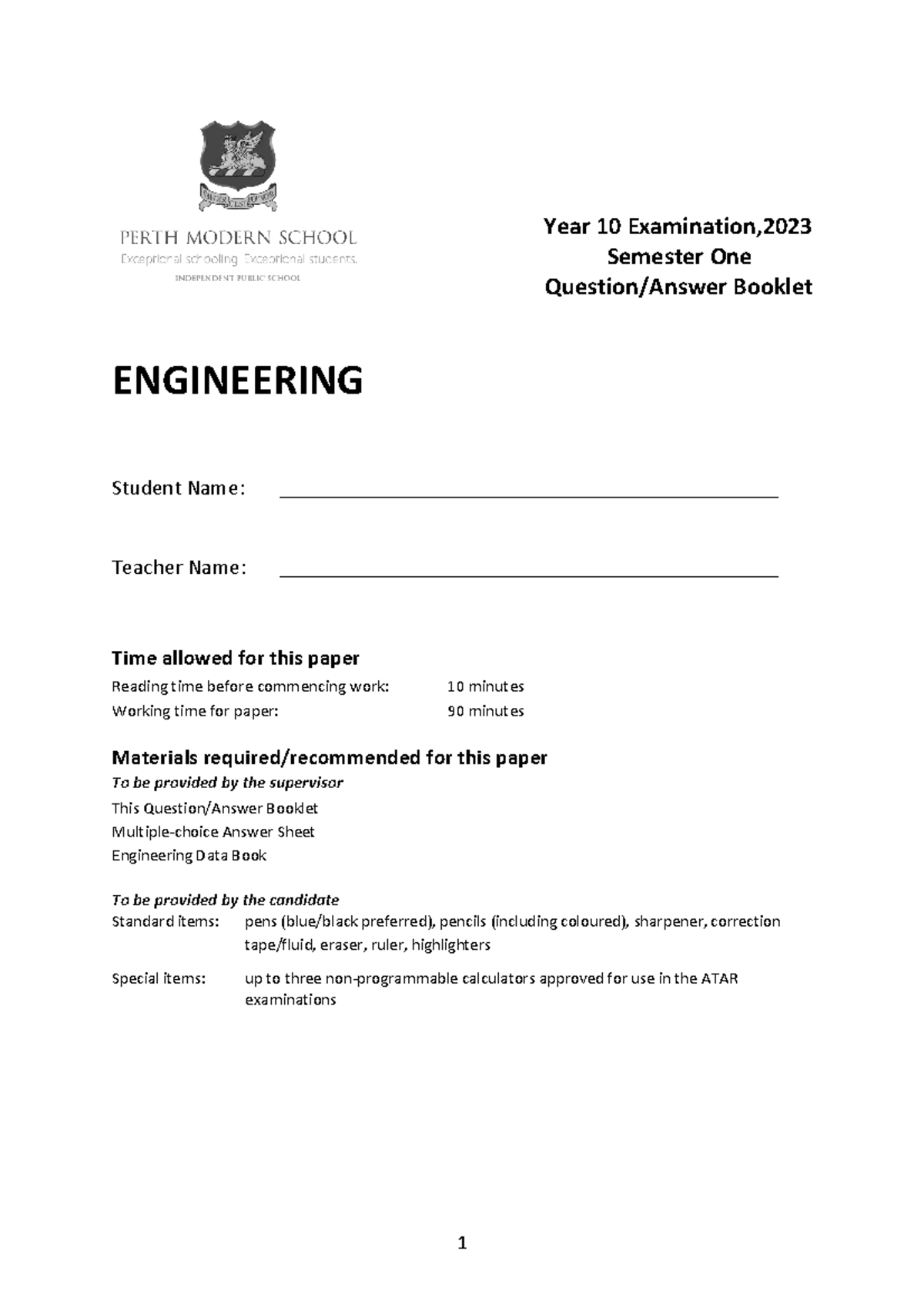 Engineering Studies Year 10 Exam S02 2023 Semester One Booklet - Studocu