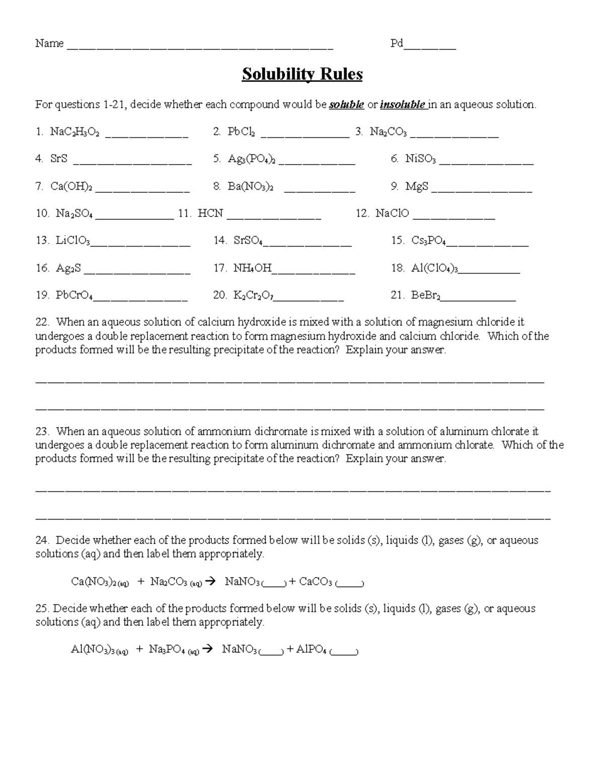 Solubility Rules Practice for Chemistry (CHEM 101) - Studocu