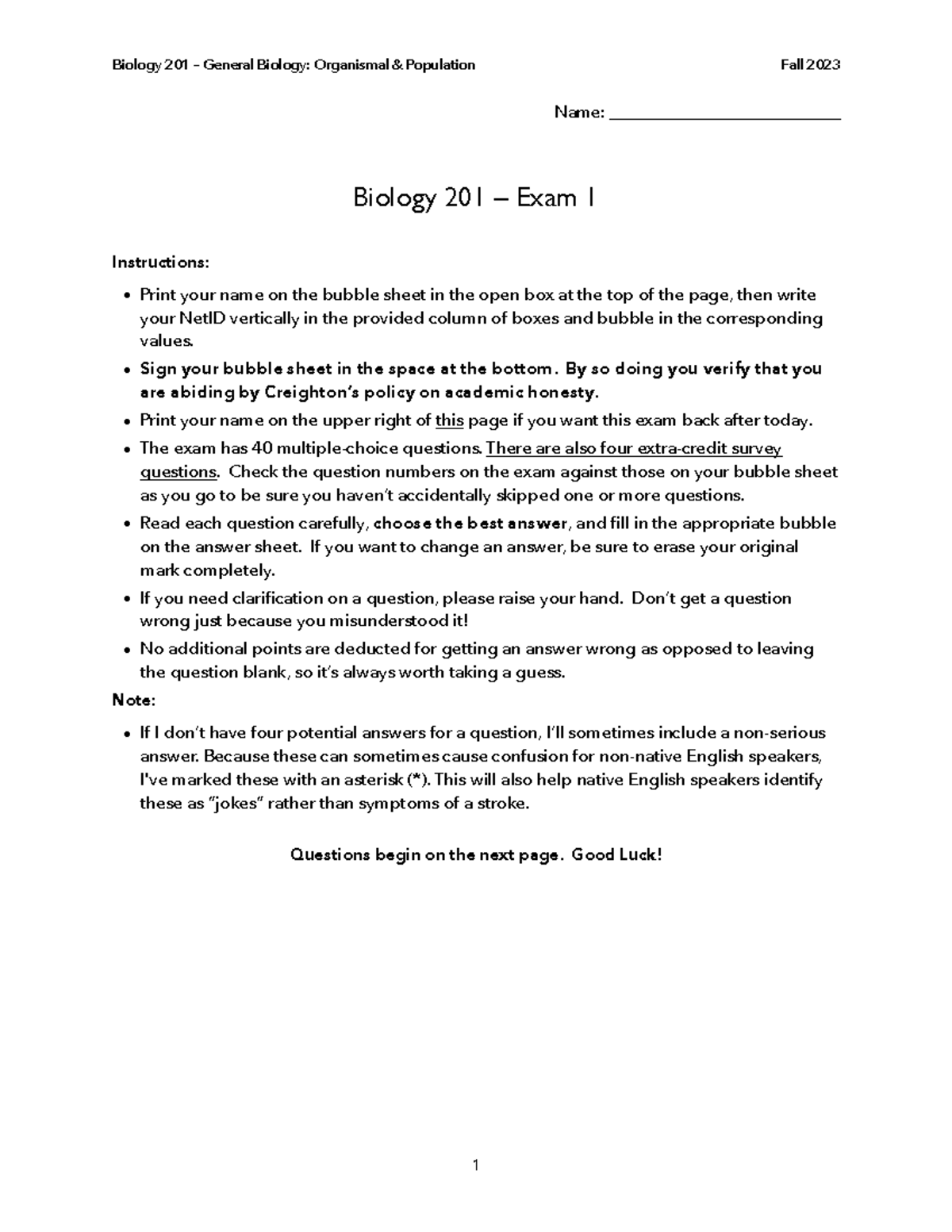 Biology 201 – Exam 1: Lecture Questions & Extra-Credit Survey Fall 2023 ...
