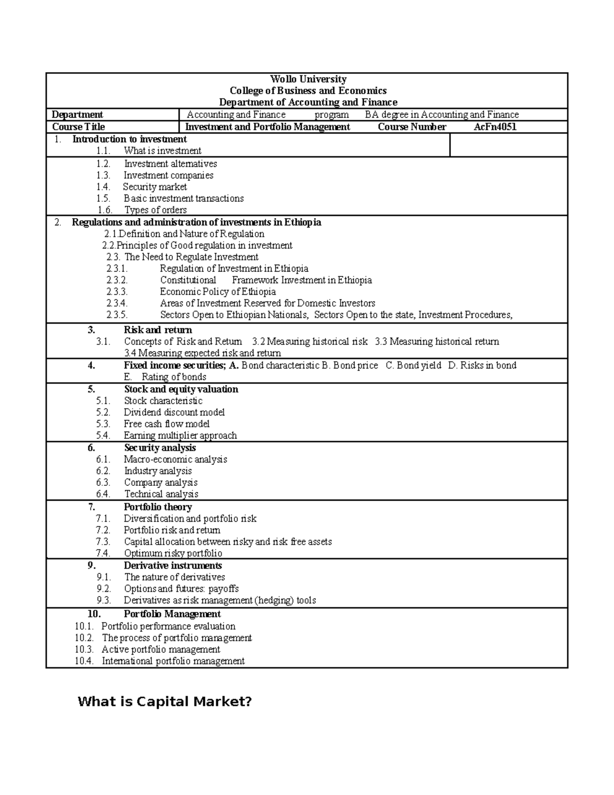 Investment and Portfolio Management Course Outline (AcFn) - Studocu