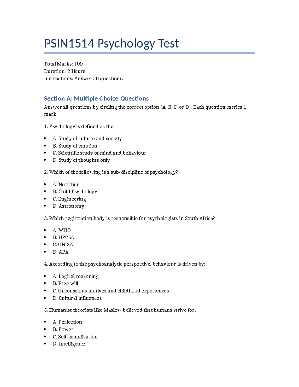 PSIN1514 Comprehensive Psychology Test: 100 Marks Total - Studocu