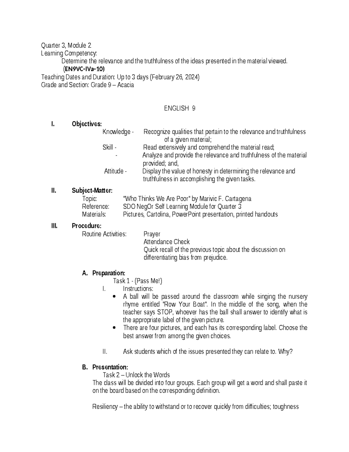 English 9 Lesson Plan: Third Quarter Module 2 on Relevance and ...