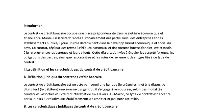 Introduction au Contrat de Crédit Bancaire au Maroc - Studocu