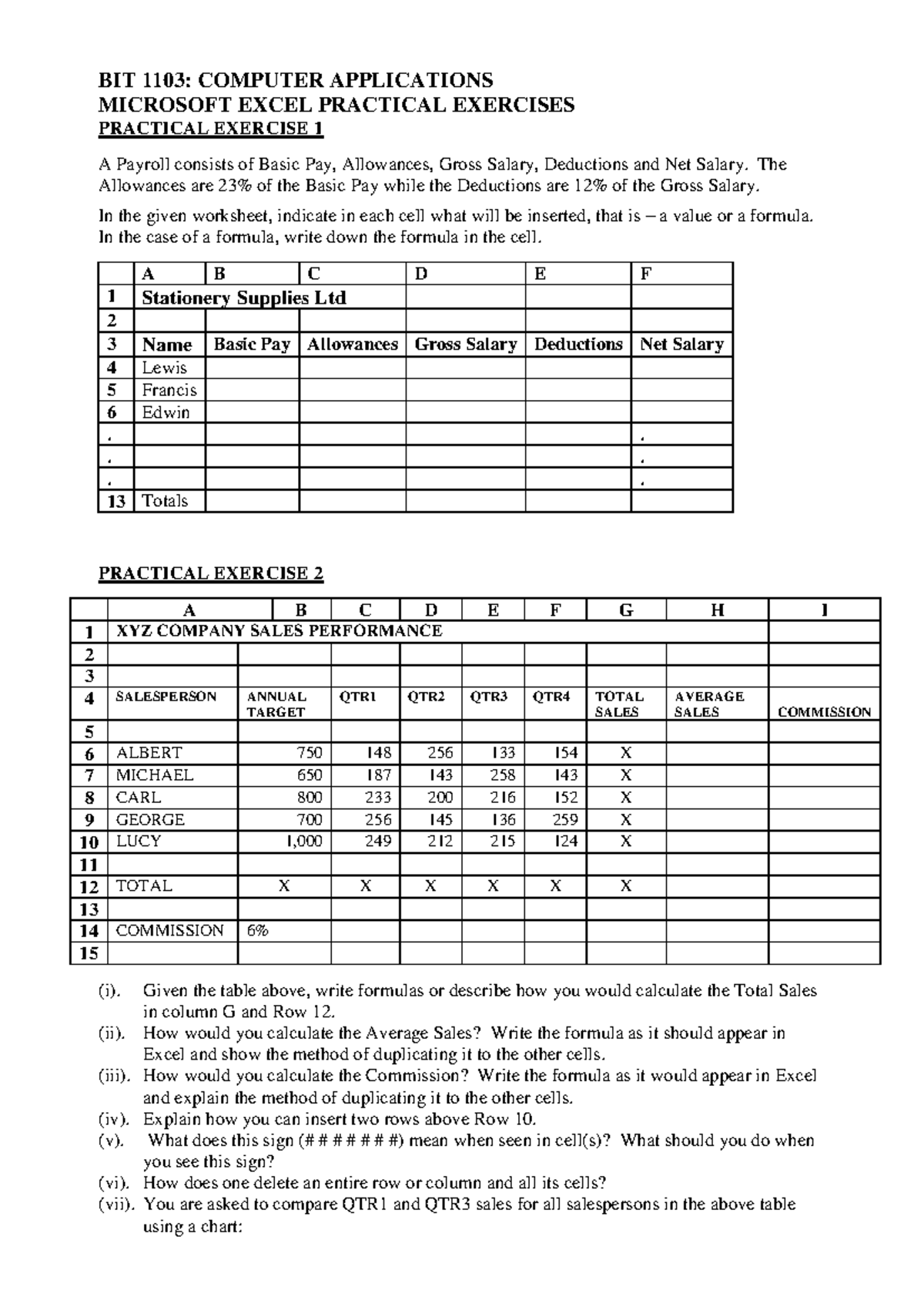 BIT 1103: MS Excel Practical Exercises & Assignments Overview - Studocu