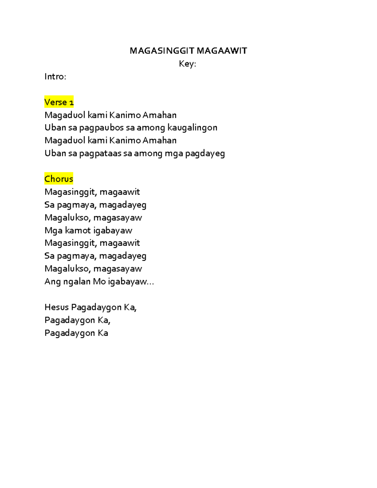 LINE UP - SOLMAN - MAGASINGGIT MAGAAWIT Key: Intro: Verse 1 Magaduol ...