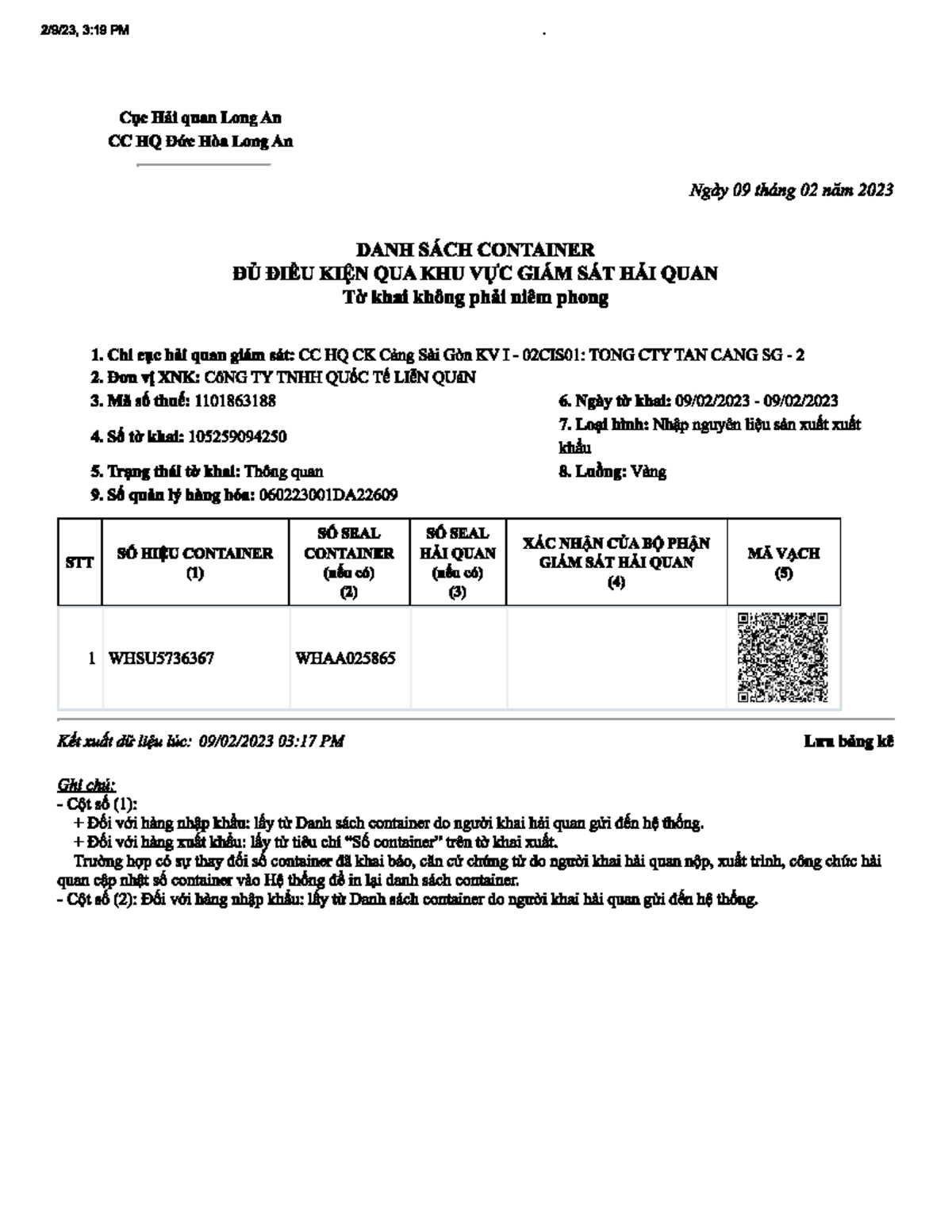 Tờ khai phân luồng - Ngày 09/02/2023 - CC HQ Long An - Studocu