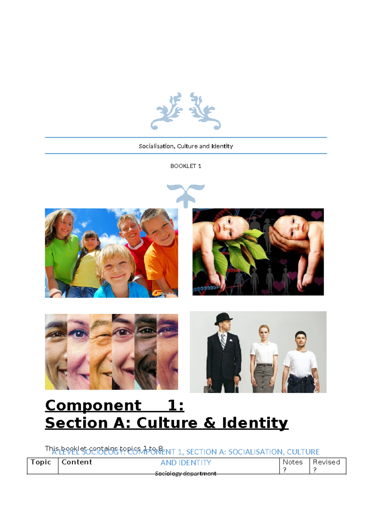 A LEVEL SOCIOLOGY: COMPONENT 1, SECTION A - SOCIALISATION, CULTURE ...
