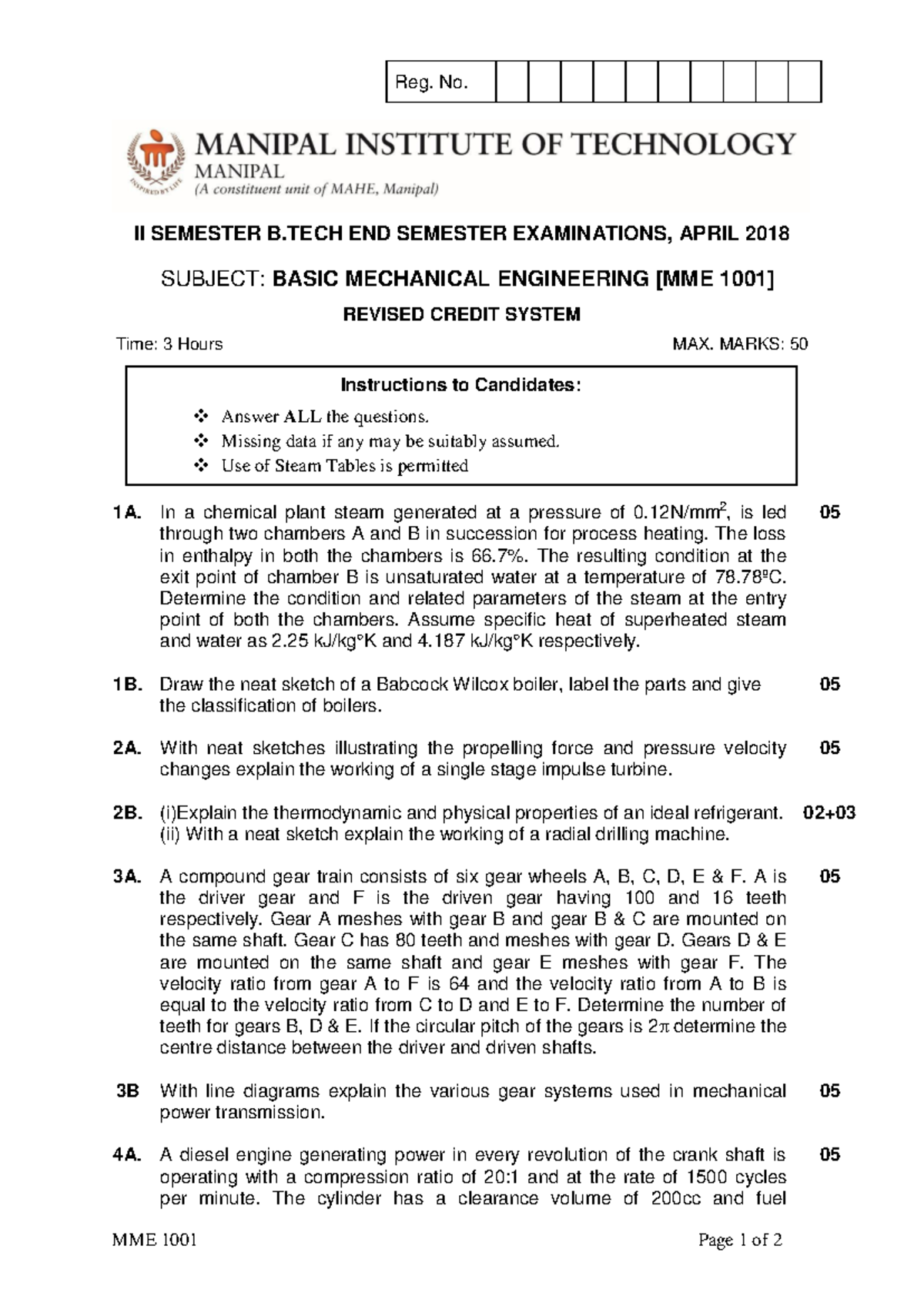 Basic Mechanical Engineering Exam Questions (MME 1001) April 2018 - Studocu