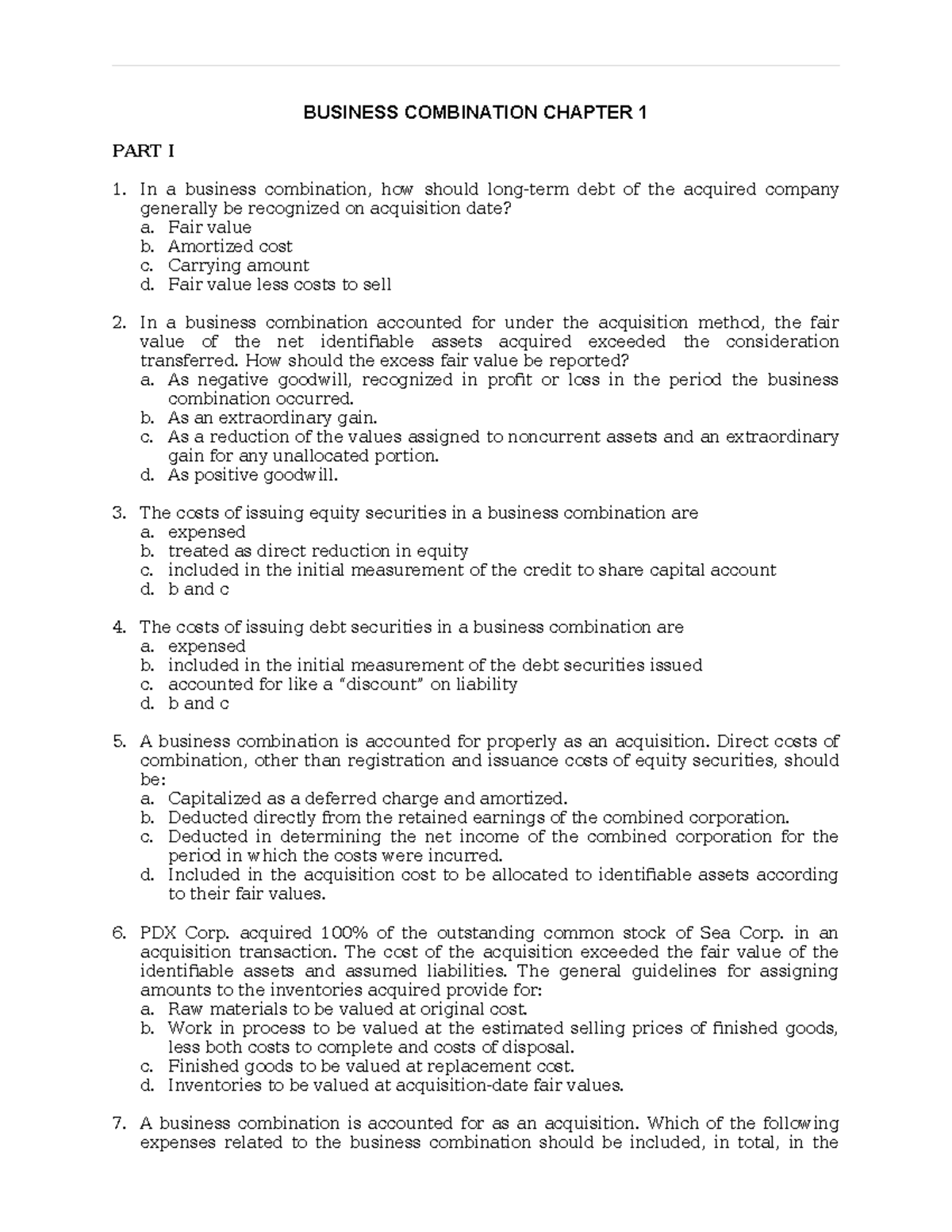 Hapter-1 Business- Combinations- Review - BUSINESS COMBINATION CHAPTER 1 PART I In a business ...