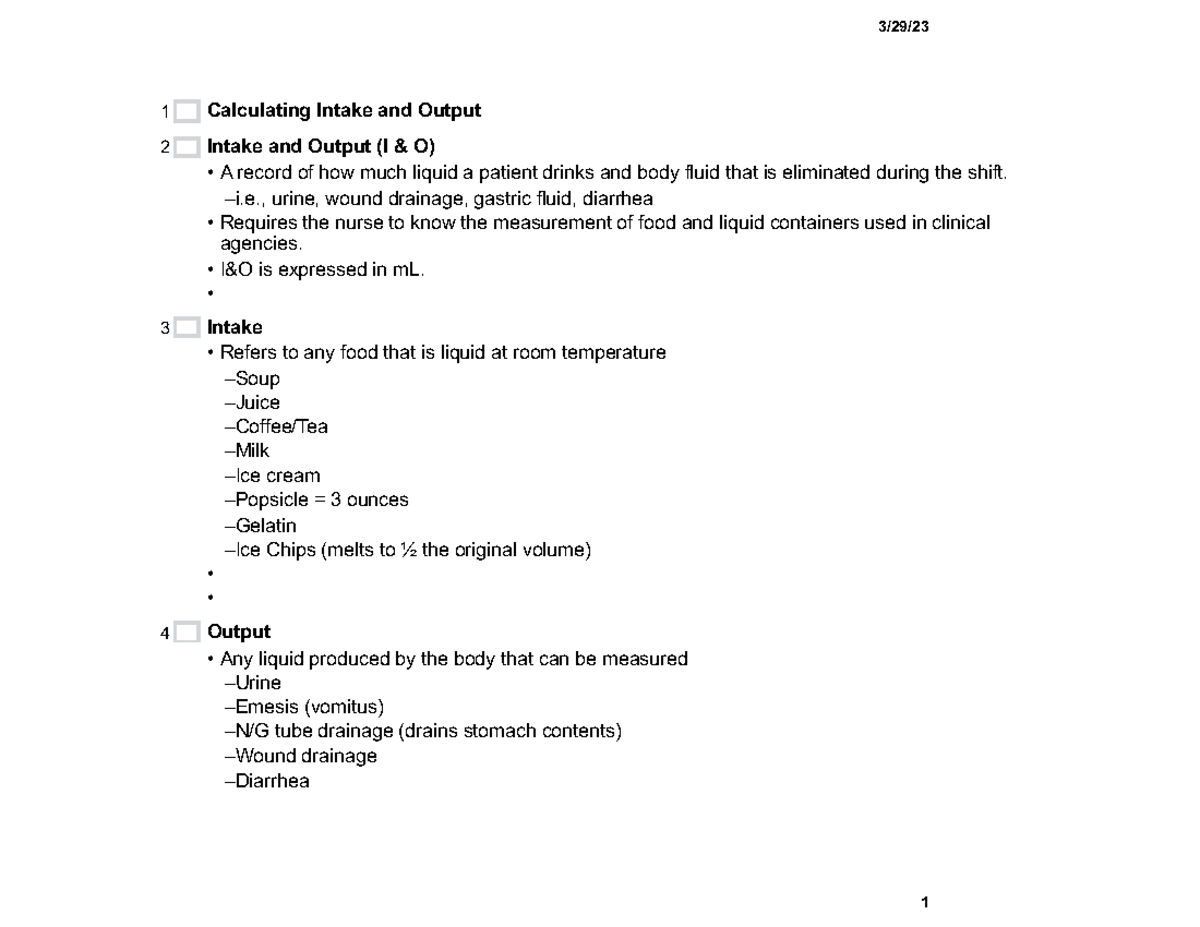 Calculating Intake and Output (I&O) for Patient Care - Quiz 1 - Studocu