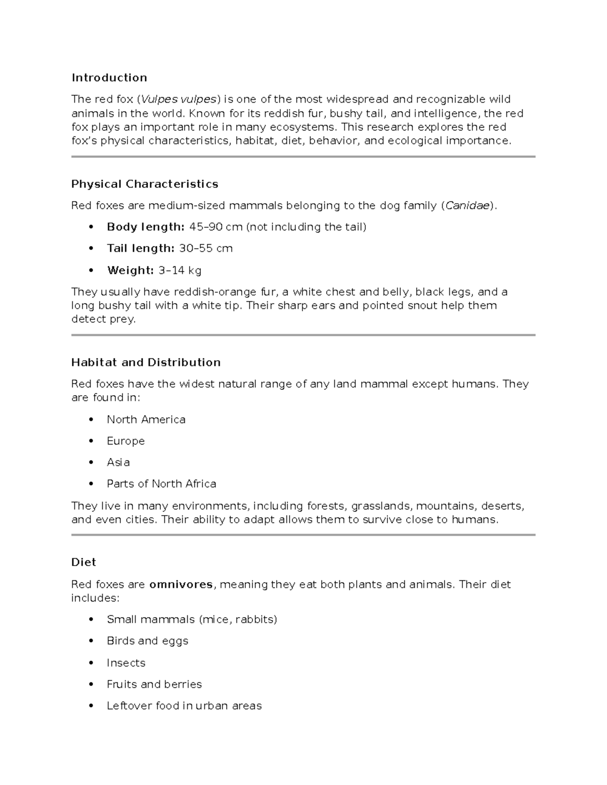 Research on Red Fox (Vulpes vulpes) - EDS - Studocu