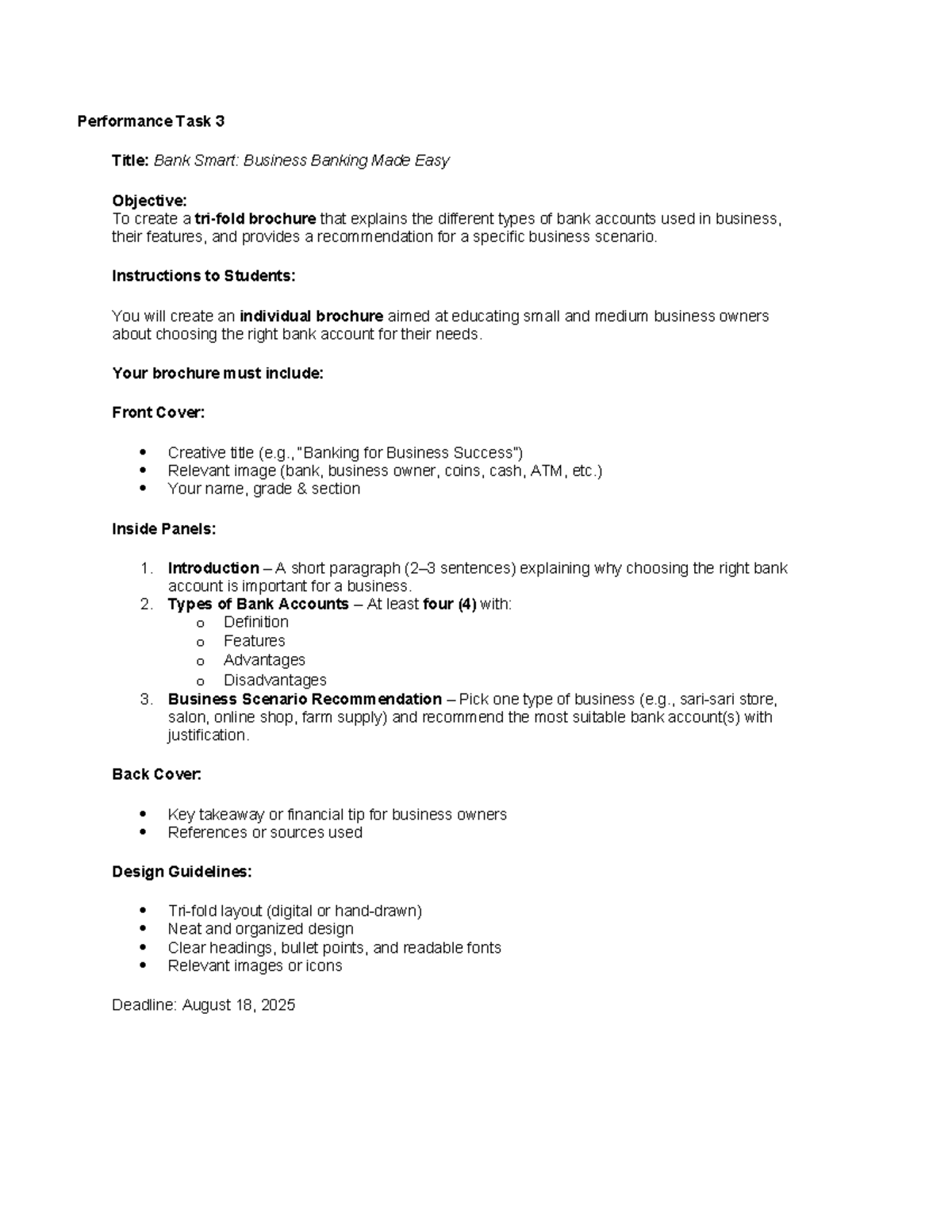 Performance Task 3: Business Banking Brochure Guide - Studocu